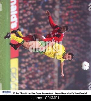 27-DEC-94. Bryan Roy, Nottingham Forest leaps over Norwich's John ...