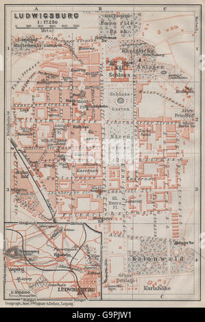 LUDWIGSBURG town city stadtplan. Baden-Württemberg. Schloss karte, 1914 ...