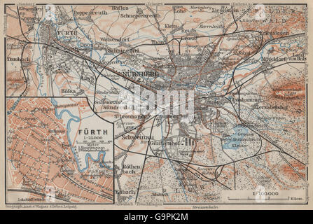 NÜREMBURG (NURNBERG) & FÜRTH town city stadtplan. Bavaria karte, 1907 ...