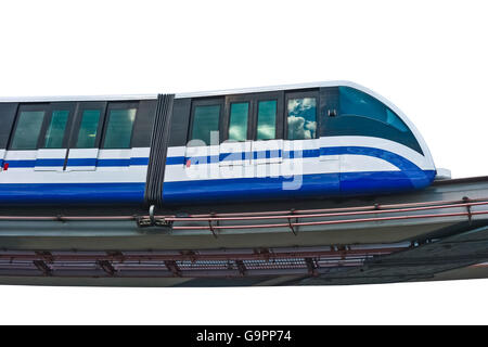Elevated monorail train on rail. Guide wheels rubber tire on concrete guideway beam with ...