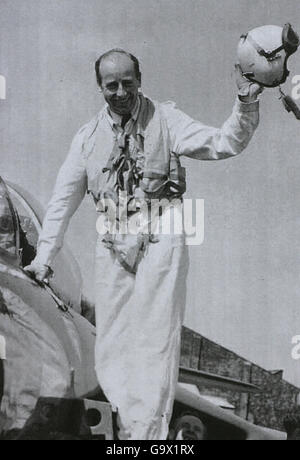 Test pilot Neville Duke in the cockpit of a Hawker Hunter jet fighter ...