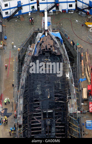 Cutty Sark fire. Aerial photograph of the remains of the Cutty Sark in ...