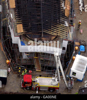 Cutty Sark fire. Aerial photograph of the remains of the Cutty Sark in ...