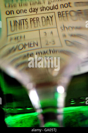 Government health warning for alcoholic drinks. A drink unit label ...