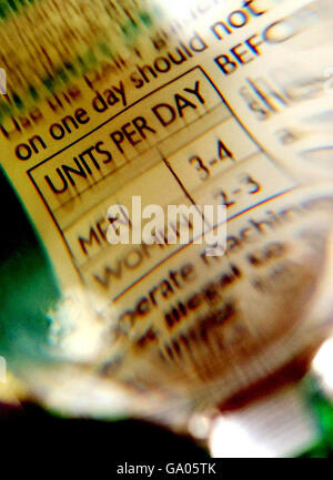 Government health warning for alcoholic drinks. A drink unit label ...