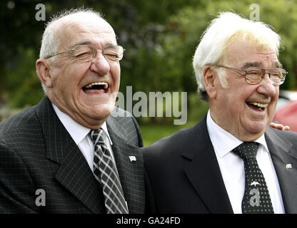 Jim Bowen and Frank Carson (right) arrive for the funeral of Bernard ...