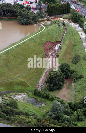 Flooding hits Britain. Aerial view of Ulley Reservoir after two days of ...