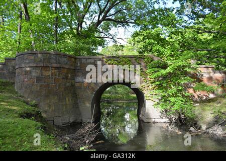A bridge atop the Muddy River in Riverway Park in between Boston and ...