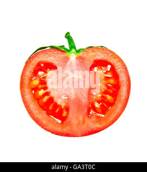 Fresh red tomatoes with a half slice on a wooden tray isolated on white ...