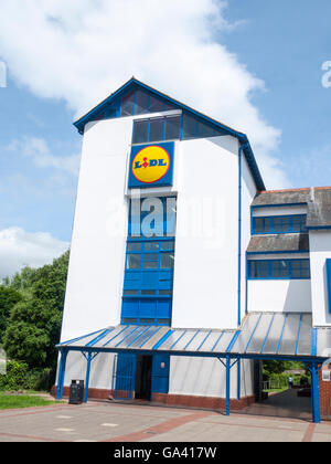 Exterior Lidl UK supermarket store on corner site with three logo ...