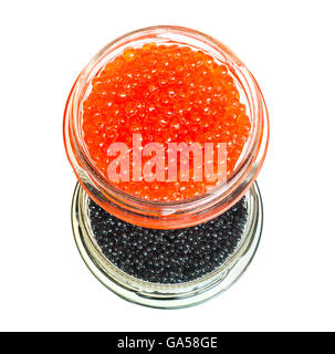 Salmon roe or sturgeon red caviar served in a wooden barrel ready to ...