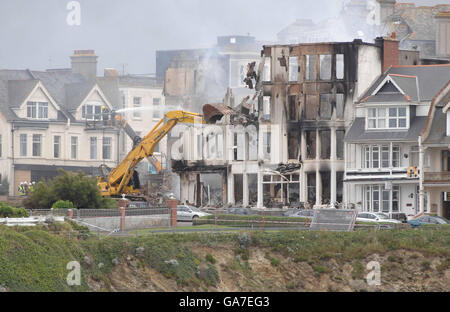 Unsafe walls are demolished at the Penhallow Hotel in Newquay, Cornwall ...