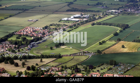 Aerial drone view of rural horse farm or ranch. Village or countryside ...