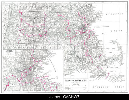 Massachusetts state map showing counties. BARTHOLOMEW 1898 old antique ...