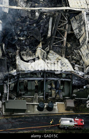 Aerial view of Fire in industrial building. Multi-storey concrete ...
