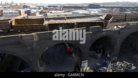Rail wagons derailed on the viaduct in Digbeth, Birmingham today Stock ...