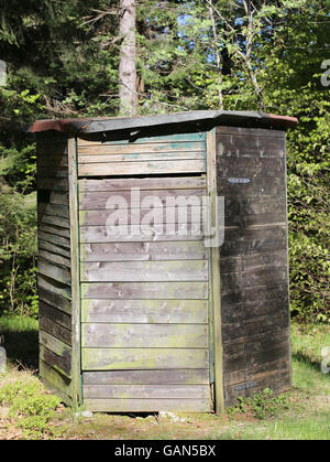 Small hunting hut of a hunter in a meadow under a large tree, black and ...