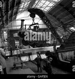 The 115 year old locomotive, 'Derwent' is seen on a flat truck at ...