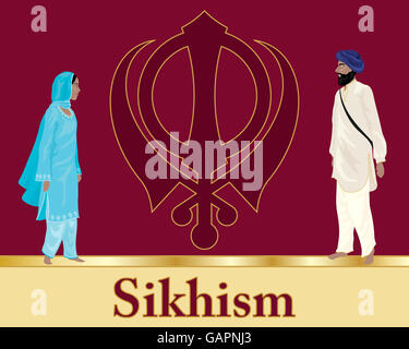 an illustration of a traditionally dressed Sikh man and woman praying ...