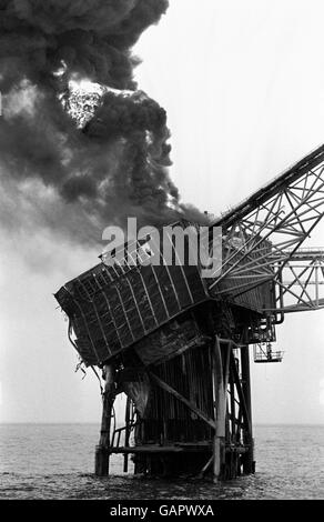 The burning remains of the Piper Alpha oil platform in the North Sea ...