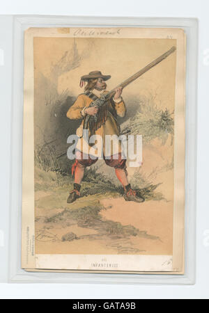 This historical illustration from 1650 depicts a soldier, identified as ...