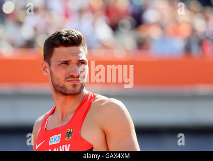 Tim Nowak, of Germany, competes in the decathlon shot put at the World ...