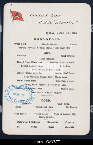 A menu aboard the R.M.S. Etruria, a Cunard Line transatlantic ship ...