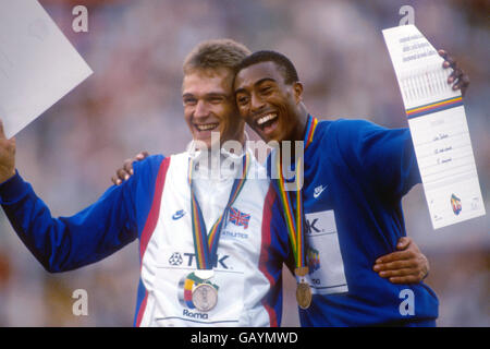 Great Britain's Jon Ridgeon (l) and Colin Jackson (r) celebrate winning ...