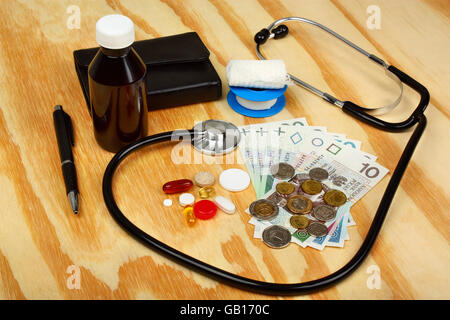 Stethoscope on polish money, bandage, wallet, syrup Stock Photo - Alamy
