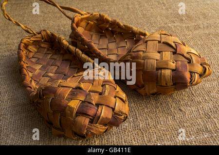 Old Russian sandals made of bark. Birch bark shoes, traditional old ...