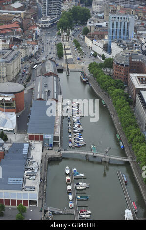 Aerial view of Bristol city during sunny day with sky and clouds. Many ...