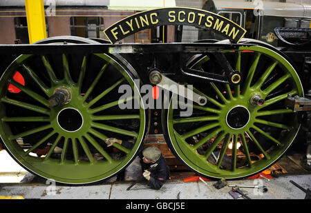 Close up of the wheel of the Flying Scotsman on the tracks at London ...