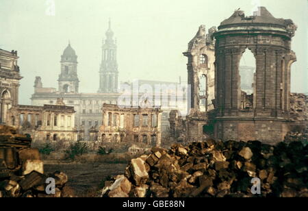 Ruins of the Dresden Frauenkirche. In the background is the dome of the ...