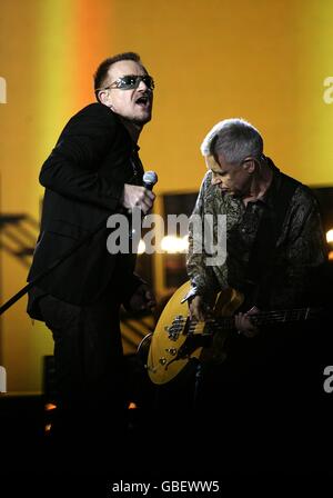 Bono of U2 performs on stage during the Oscars at the Dolby Theatre on ...