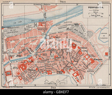 PERPIGNAN. Vintage town city map plan. Pyrénées-Orientales, 1921 Stock ...