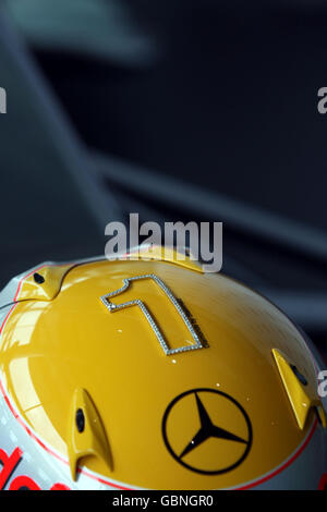 Close-up of Lewis Hamilton's racing helmet, sitting on top of his ...
