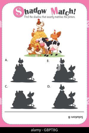 Farm shadow matching activity with animals. Country village puzzle with ...