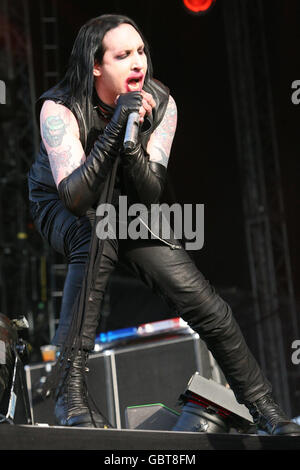Marilyn Manson performs on the main stage at the Download Festival 2009 ...