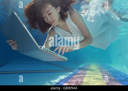 Young women use computers under water Stock Photo - Alamy