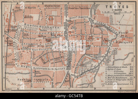 TROYES antique town city plan de la ville. Aube carte. BAEDEKER, 1909 ...