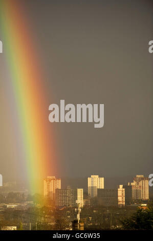 A general view as a rainbow forms in the rain during the Sky Bet ...