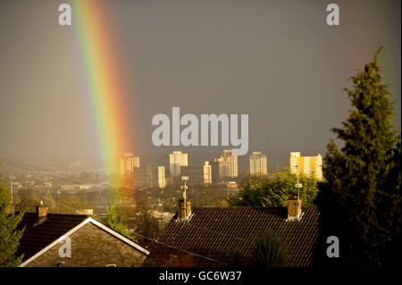 A rainbow forms over tower blocks in the Barton Hill area of Bristol ...