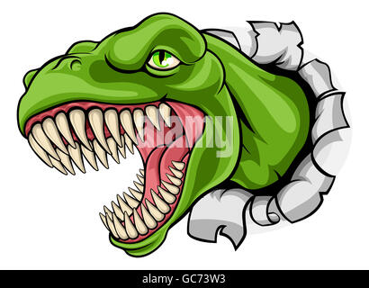 Cartoon T Rex tyrannosaurus dinosaur mascot ripping through the background with its claws Stock ...