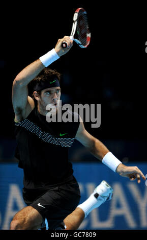 Juan Martin Del Potro of Argentine returns a ball to Yuichi Sugita of ...