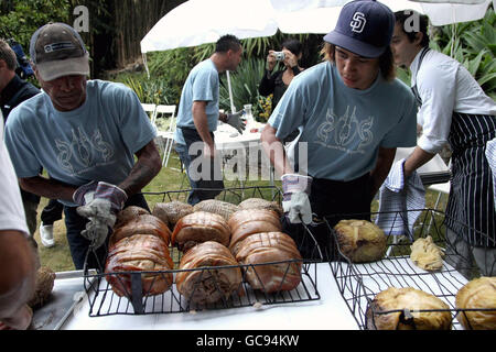 Traditional Maori Hangi cooking oven in a geothermal steam vent ...