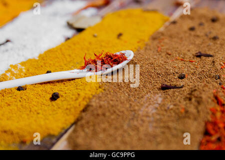 White spoon with shafran on different colorful spices background ...