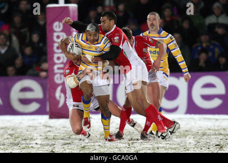 Leeds Rhinos' Kallum Watkins (centre) celebrates scoring a try during ...