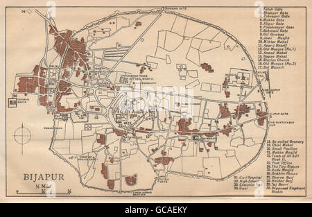 BRITISH INDIA: Bijapur city plan showing palaces/mahal mosques gates ...