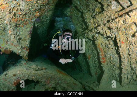 Shipwreck Dunraven, scuba diver inside the ship wreck, Wreck Dunraven ...