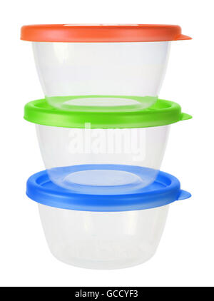 stack of round plastic food containers with lids isolated on white ...